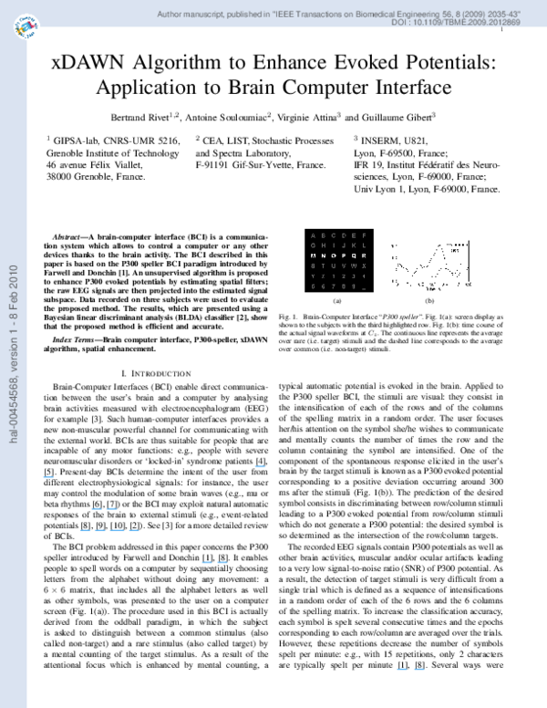 (PDF) xDAWN Algorithm to Enhance Evoked Potentials: Application to Brain–Computer Interface