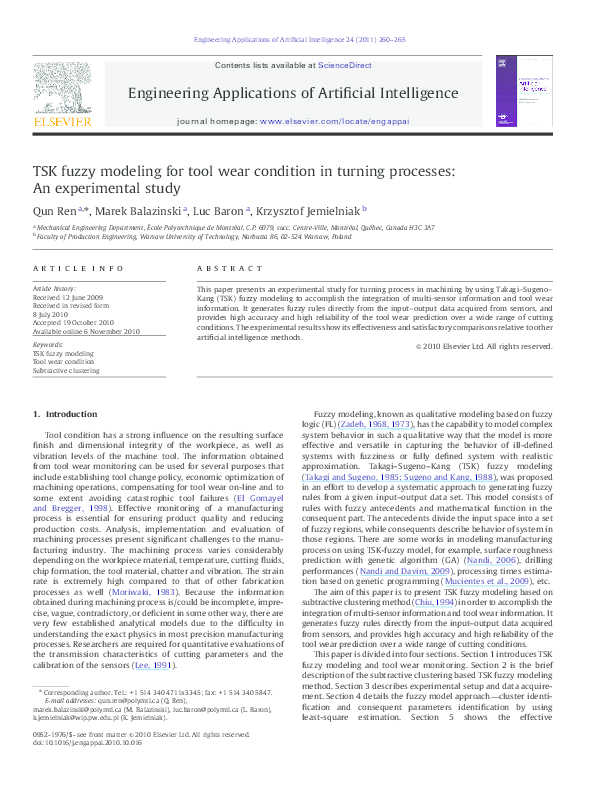 (PDF) TSK fuzzy modeling for tool wear condition in turning processes: An experimental study