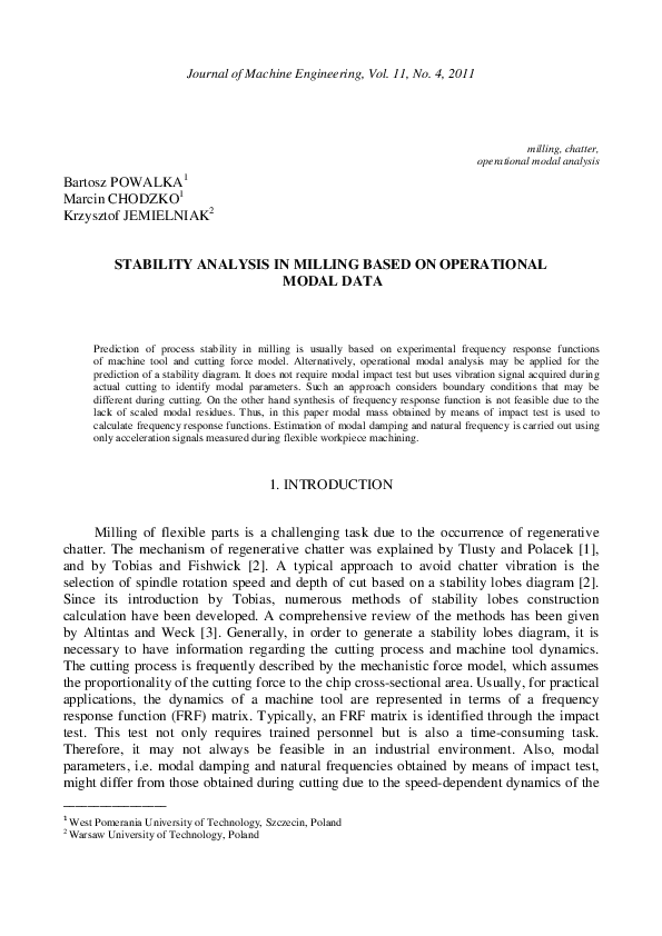 (PDF) Stability analysis in milling based on operational modal data
