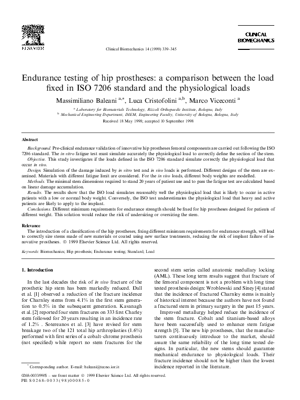 (PDF) Endurance testing of hip prostheses: a comparison between the ...
