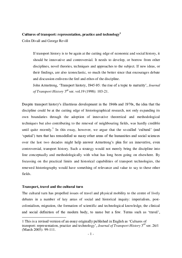 (PDF) Cultures of transport: Representation, practice and technology