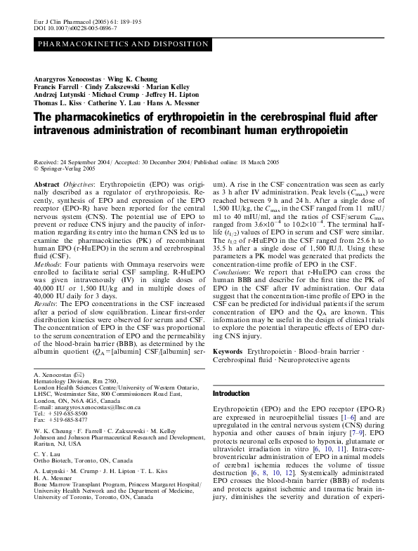 (PDF) The pharmacokinetics of erythropoietin in the cerebrospinal fluid after intravenous ...