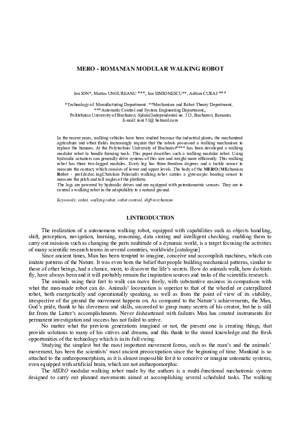 (PDF) Mero -Romanian Modular Walking Robot | adrian curaj - Academia.edu