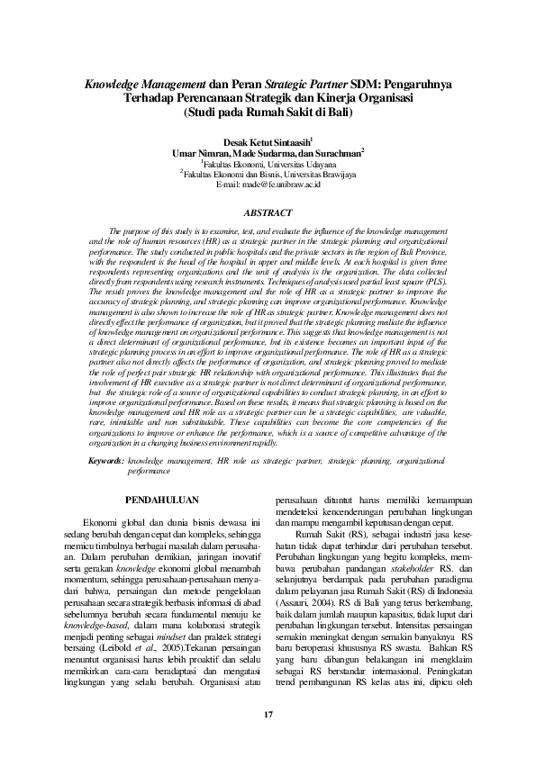 (PDF) Knowledge Management dan Peran Strategic Partner SDM: Pengaruhnya ...