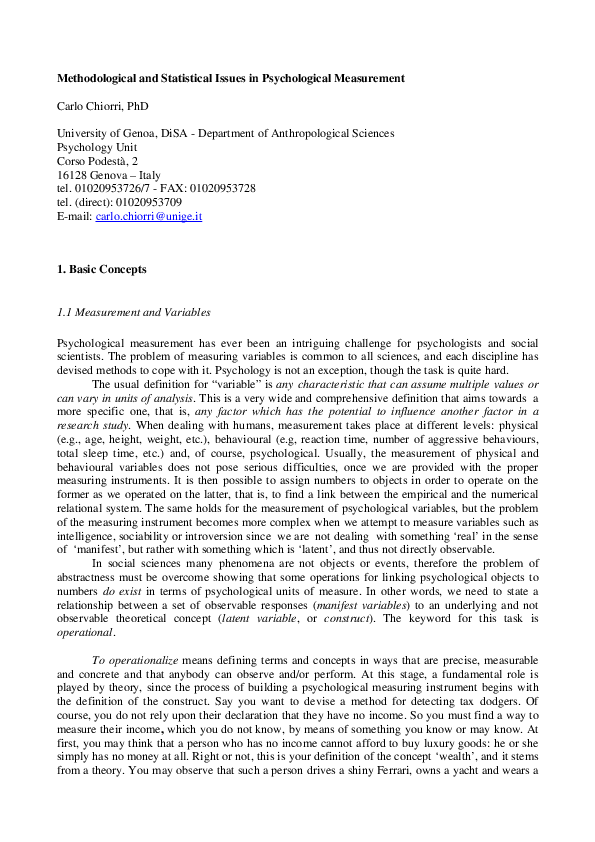 (PDF) Methodological and Statistical Issues in Psychological Measurement