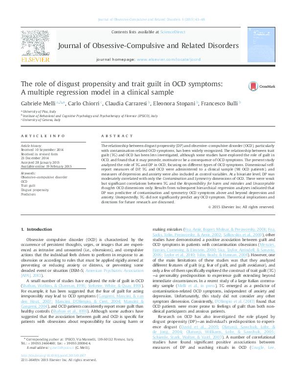 (PDF) The role of disgust propensity and trait guilt in OCD symptoms: A ...