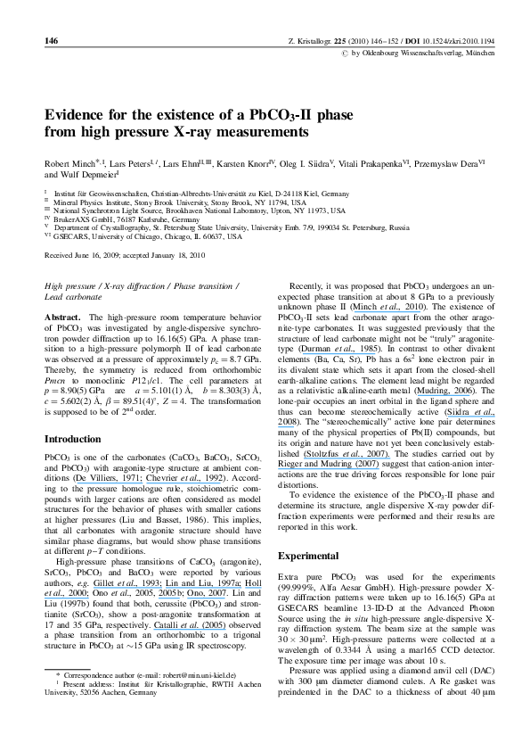 (PDF) Evidence for the existence of a PbCO3-II phase from high pressure ...