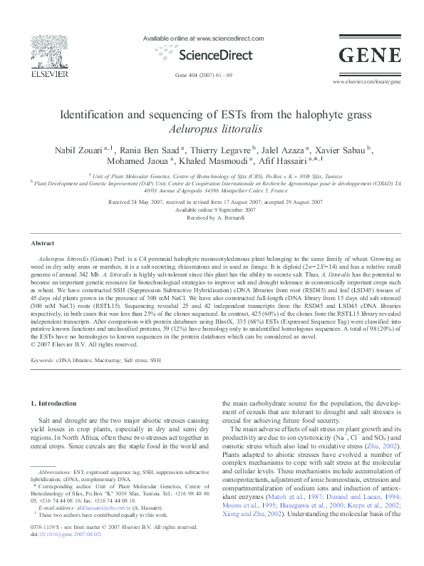 (PDF) Identification and sequencing of ESTs from the halophyte grass ...