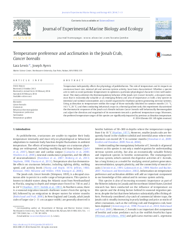 (PDF) Temperature preference and acclimation in the Jonah Crab, Cancer ...