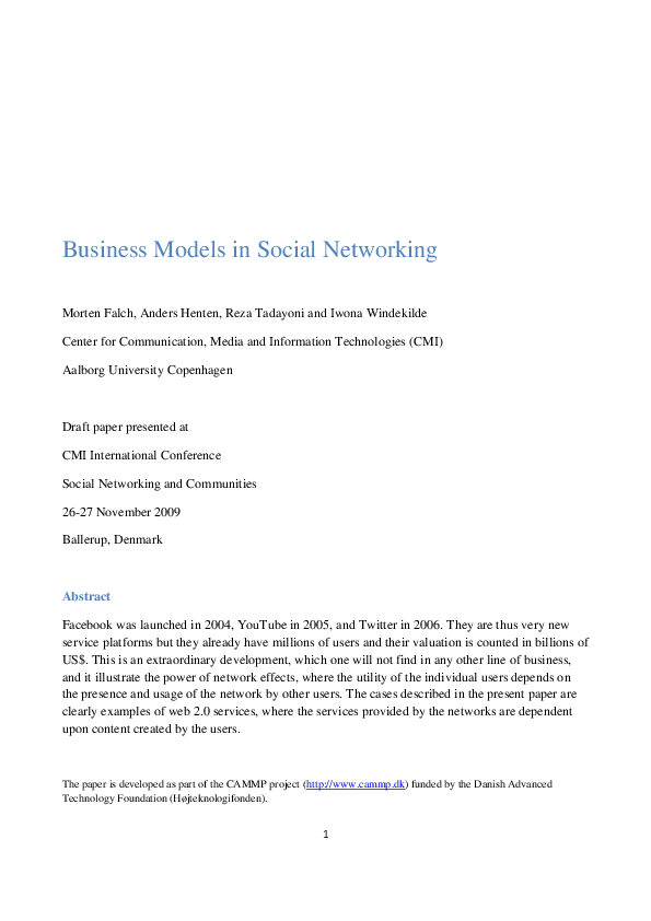 (PDF) Business Models in Social Networking