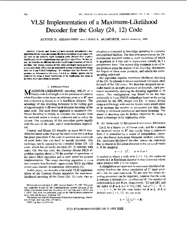 Pdf Vlsi Implementation Of A Maximum Likelihood Decoder For The Golay 24 12 Code