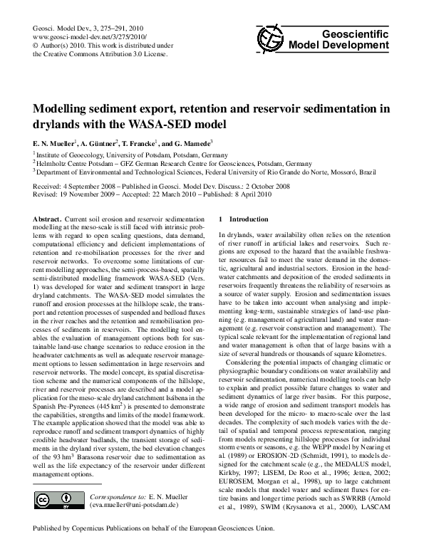(PDF) Modelling sediment export, retention and reservoir sedimentation ...