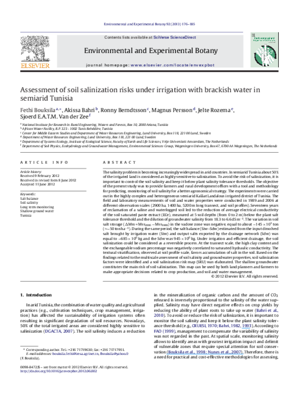 (PDF) Assessment of soil salinization risk under irrigation with brackish water in semi-arid Tunisia