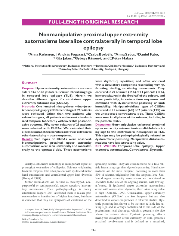 (PDF) Nonmanipulative proximal upper extremity automatisms lateralize ...