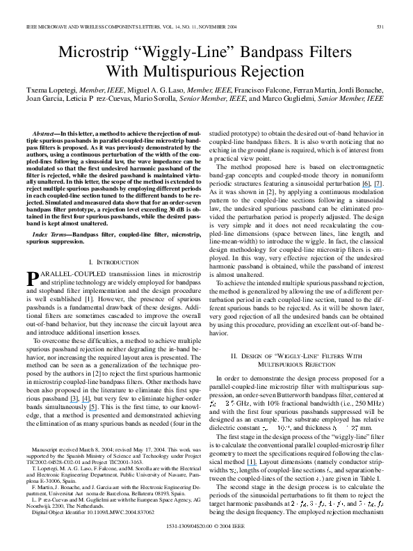 (PDF) Microstrip "wiggly-line" bandpass filters with multispurious ...