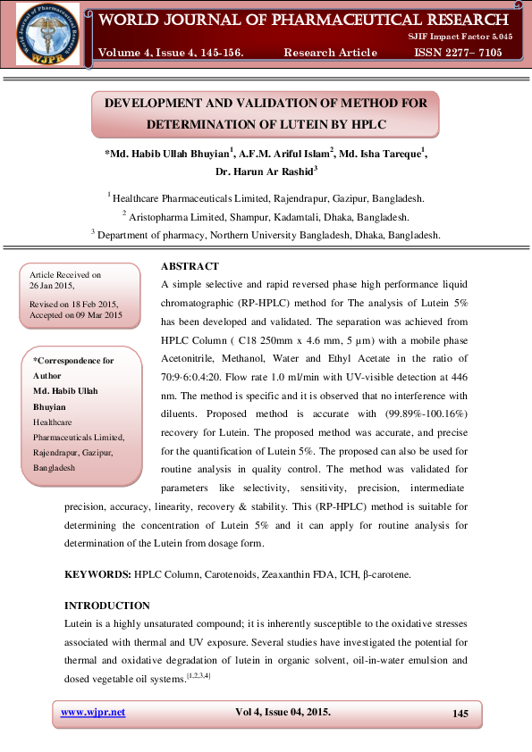 (PDF) DEVELOPMENT AND VALIDATION OF METHOD FOR DETERMINATION OF LUTEIN BY HPLC