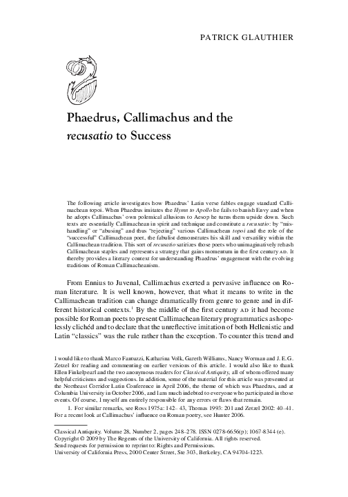 (PDF) Phaedrus, Callimachus, and the recusatio to Success