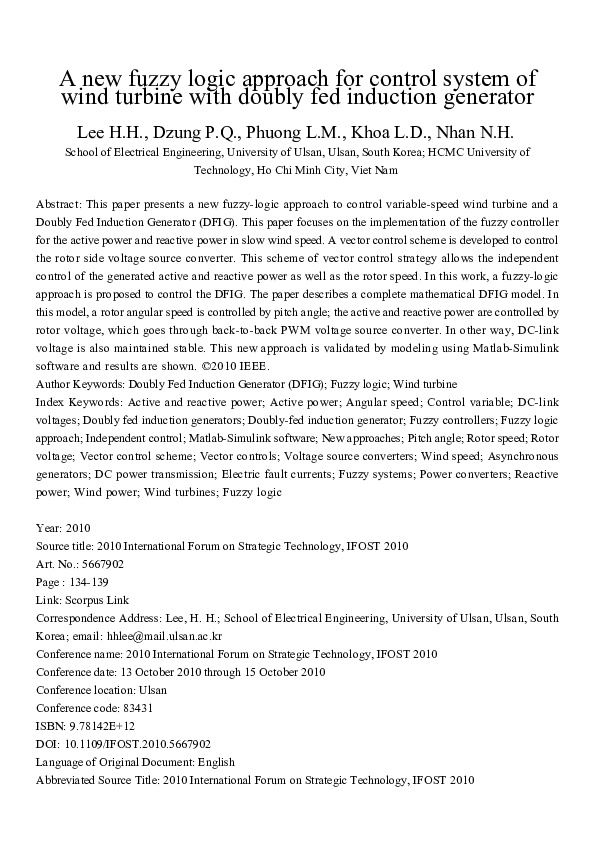 Pdf A New Fuzzy Logic Approach For Control System Of Wind Turbine With Doubly Fed Induction