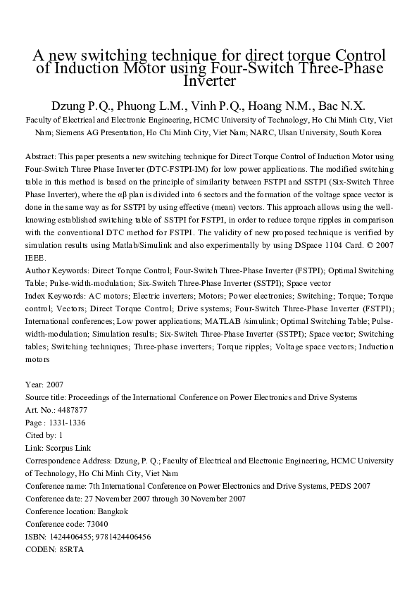 Pdf A New Switching Technique For Direct Torque Control Of Induction Motor Using Four Switch
