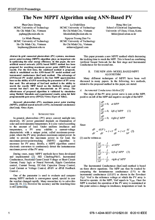Pdf The New Mppt Algorithm Using Ann Based Pv