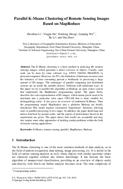 (PDF) Parallel K-means clustering of remote sensing images based on MapReduce