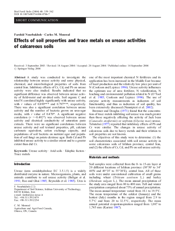(PDF) Effects of soil properties and trace metals on urease activities ...