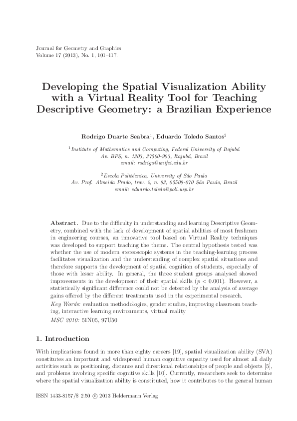 Pdf Developing The Spatial Visualization Ability With A Virtual Reality Tool For Teaching