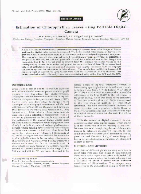 (PDF) Estimation of chlorophyll in leaves using portable digital camera ...