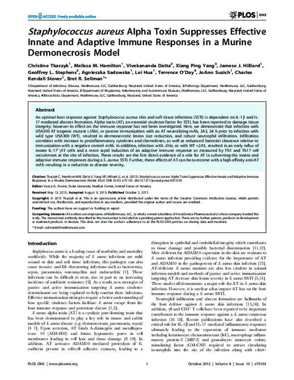 (PDF) Staphylococcus aureus Alpha Toxin Suppresses Effective Innate and Adaptive Immune ...