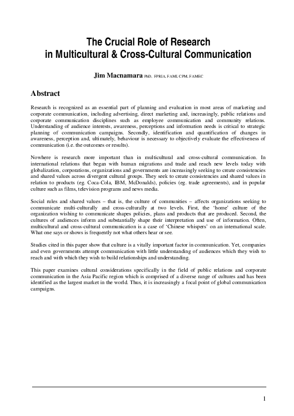 (PDF) The crucial role of research in multicultural and cross-cultural ...