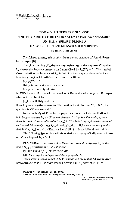 Pdf For N 3 There Is Only One Finitely Additive Rotationally