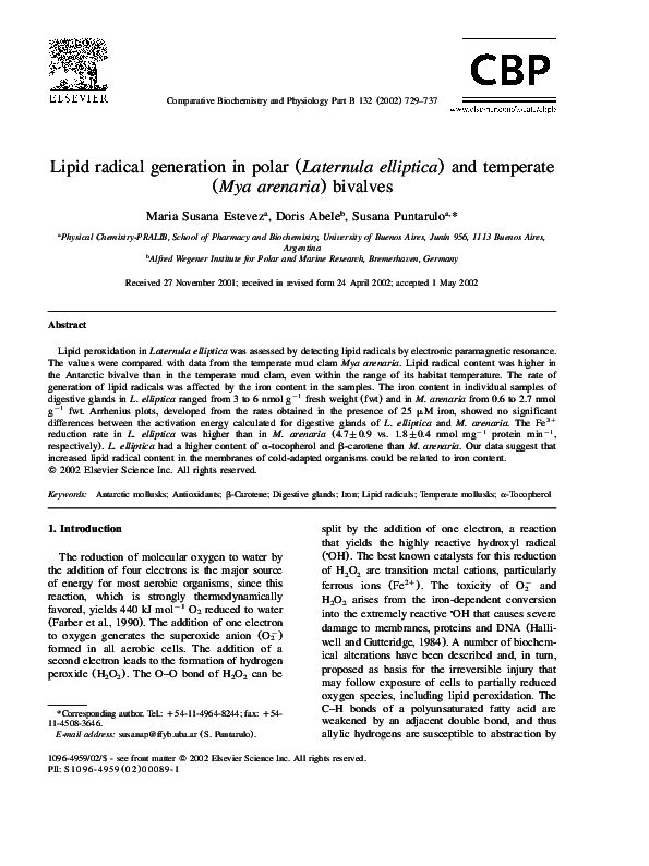 (PDF) Lipid radical generation in polar ( Laternula elliptica) and ...