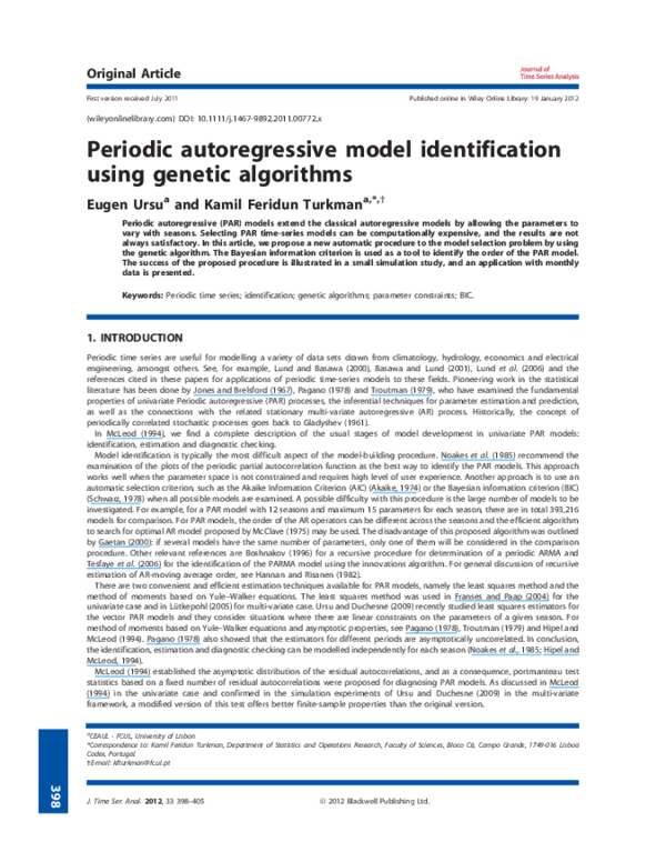 Pdf Periodic Autoregressive Model Identification Using Genetic Algorithms