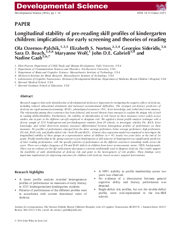 PAPER Longitudinal stability of pre-reading skill profiles of ...