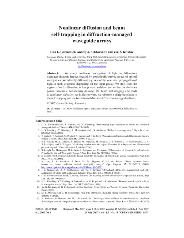 Pdf Nonlinear Diffusion And Beam Self Trapping In Diffraction Managedwaveguide Arrays