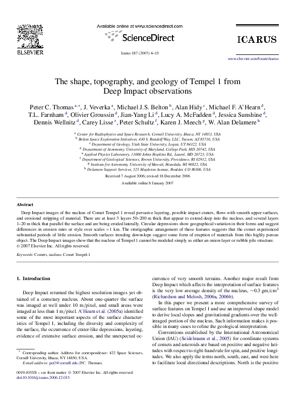 (PDF) The shape, topography, and geology of Tempel 1 from Deep Impact ...