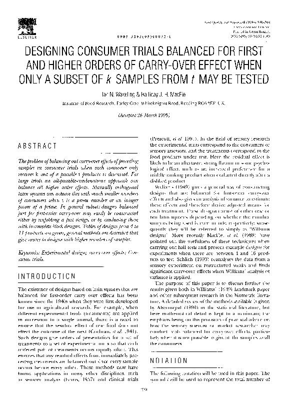 (PDF) Designing consumer trials balanced for first and higher orders of ...