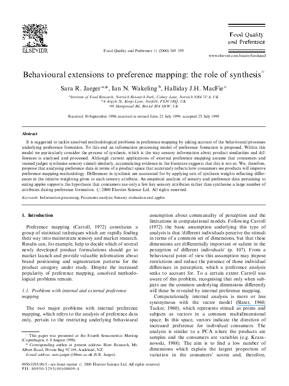 (PDF) Behavioural extensions to preference mapping: the role of synthesis