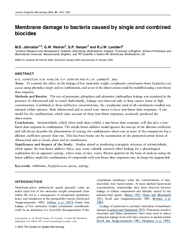 (PDF) Membrane damage to bacteria caused by single and combined biocides