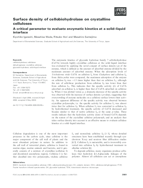 (PDF) Surface density of cellobiohydrolase on crystalline celluloses ...