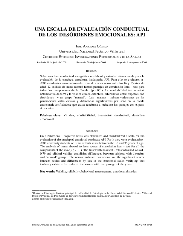 (PDF) UNA ESCALA DE EVALUACIÓN CONDUCTUAL DE LOS DESÓRDENES EMOCIONALES ...