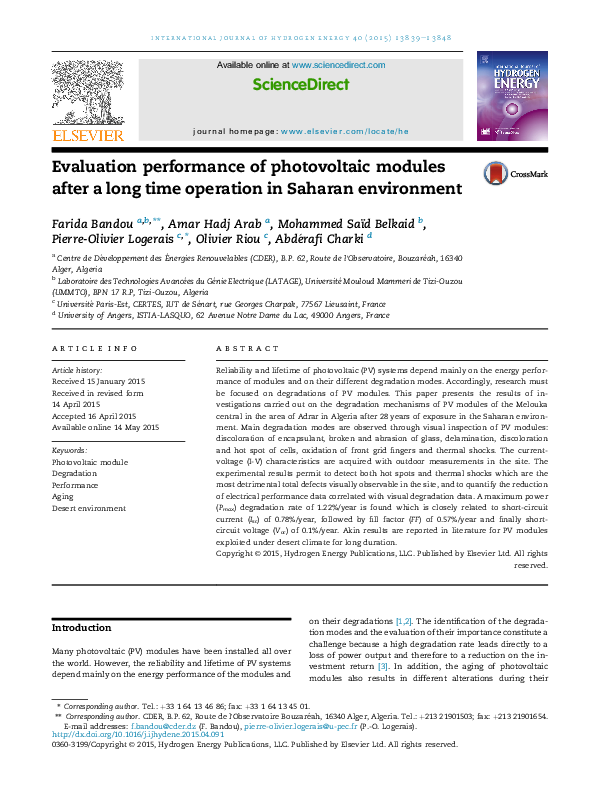 (PDF) Evaluation performance of photovoltaic modules after a long time ...