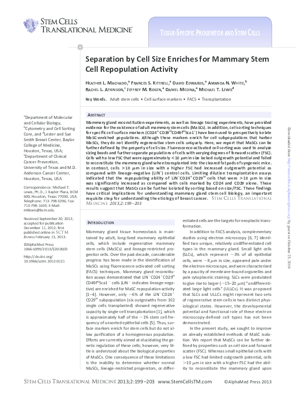 (PDF) Separation by cell size enriches for mammary stem cell ...