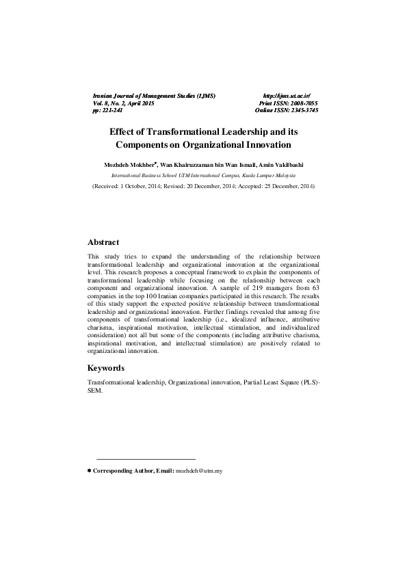 (PDF) Effect of Transformational Leadership and its Components on Organizational Innovation