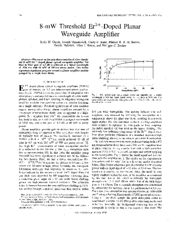 (PDF) 8mV threshold Er3+-doped planar waveguide amplifier