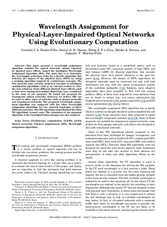 (PDF) Wavelength Assignment for Physical-Layer-Impaired Optical Networks Using Evolutionary ...