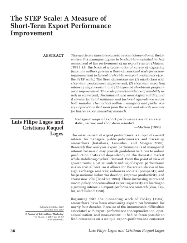 (PDF) The STEP Scale: A Measure of Short-Term Export Performance ...
