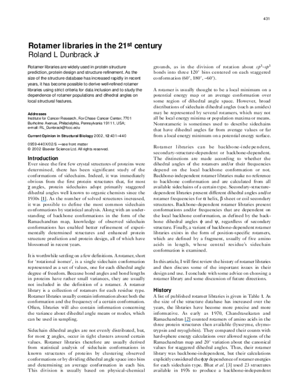 (PDF) Rotamer Libraries in the 21 st Century