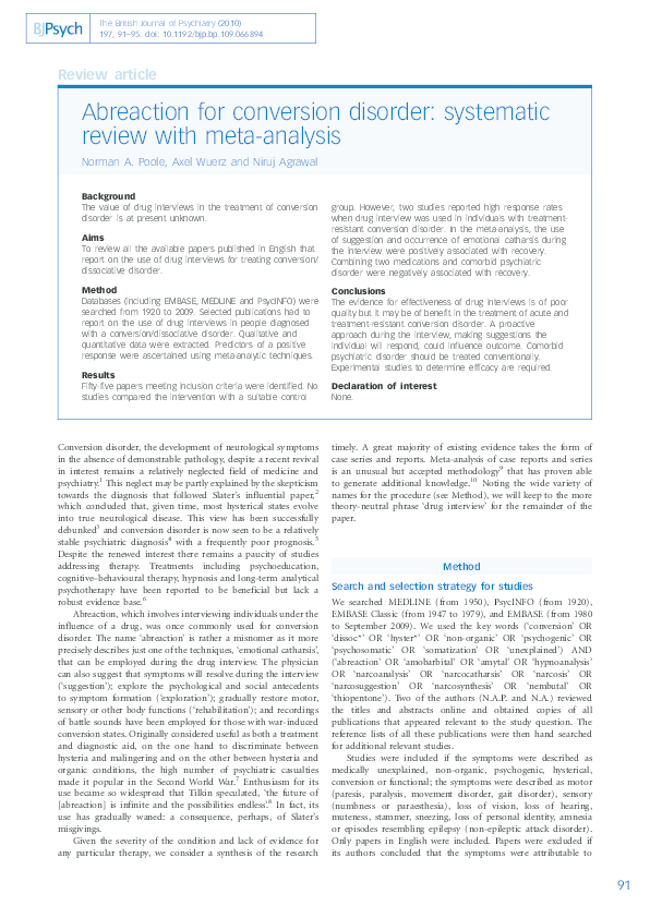 (PDF) Abreaction for conversion disorder: systematic review with meta ...