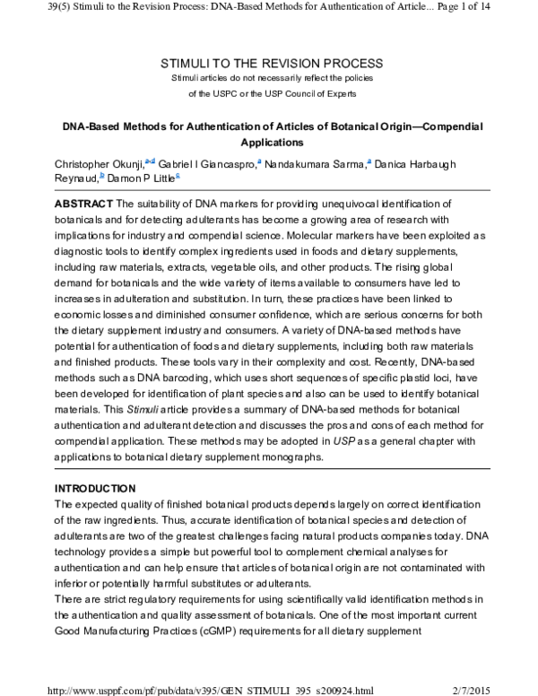 (PDF) DNA-Based Methods for Authentication of Articles of Botanical Origin—Compendial Applications
